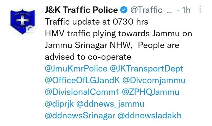 Jk Traffic Update Today National Highway - JKUpdate.in