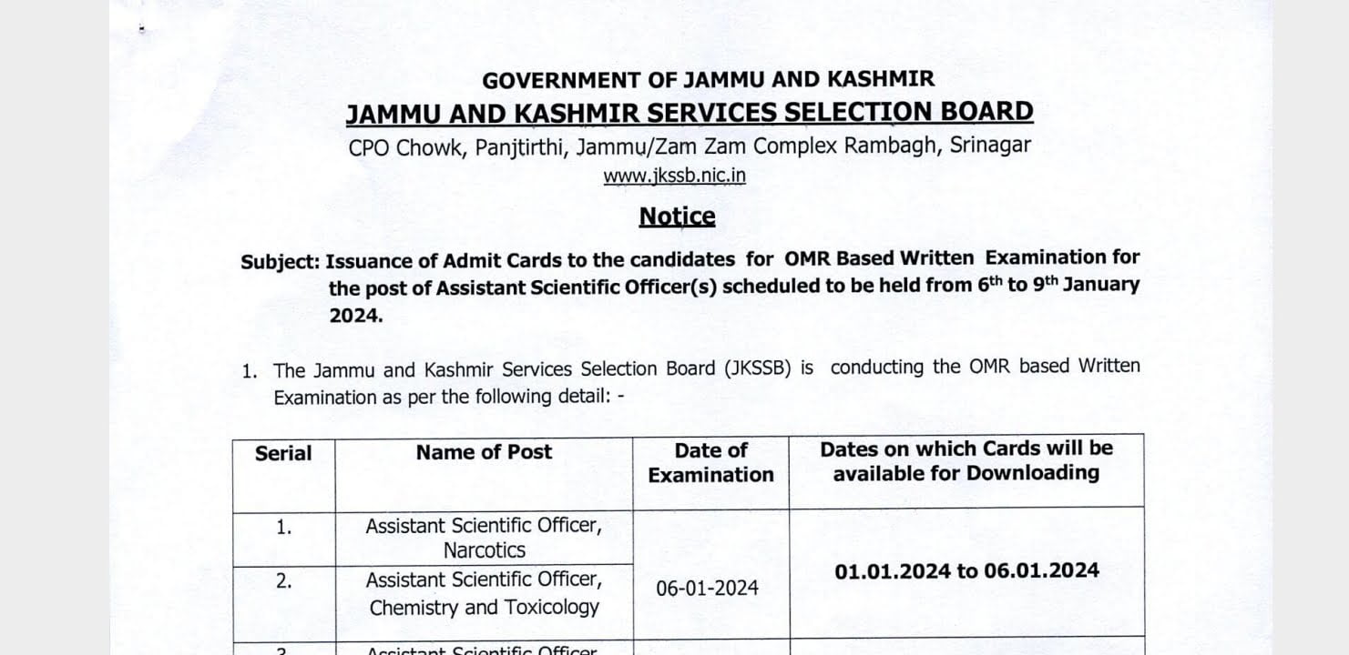 JKSSB Admit Card Download: ASO Admit card 2024 - JKUpdate.in