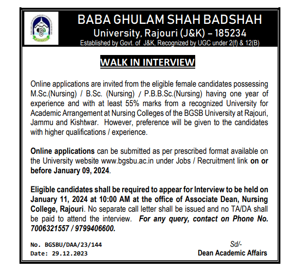 Nursing Vacancy In J&K 2024: Baba Ghulam Shah Badshah University ...