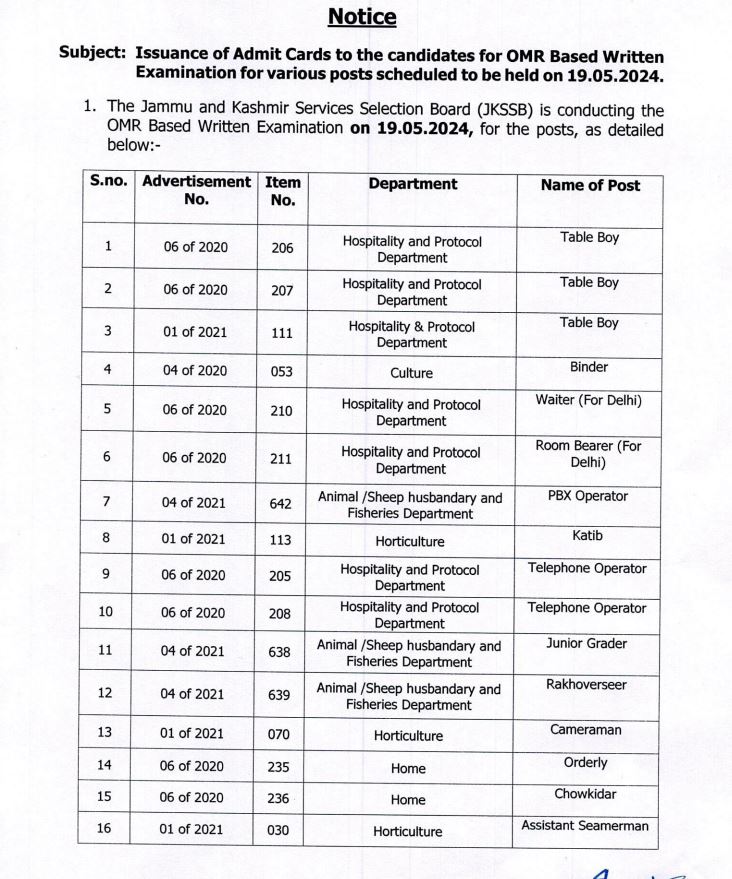 Jkssb Release Admit Card of Various Posts Download - JKUpdate.in